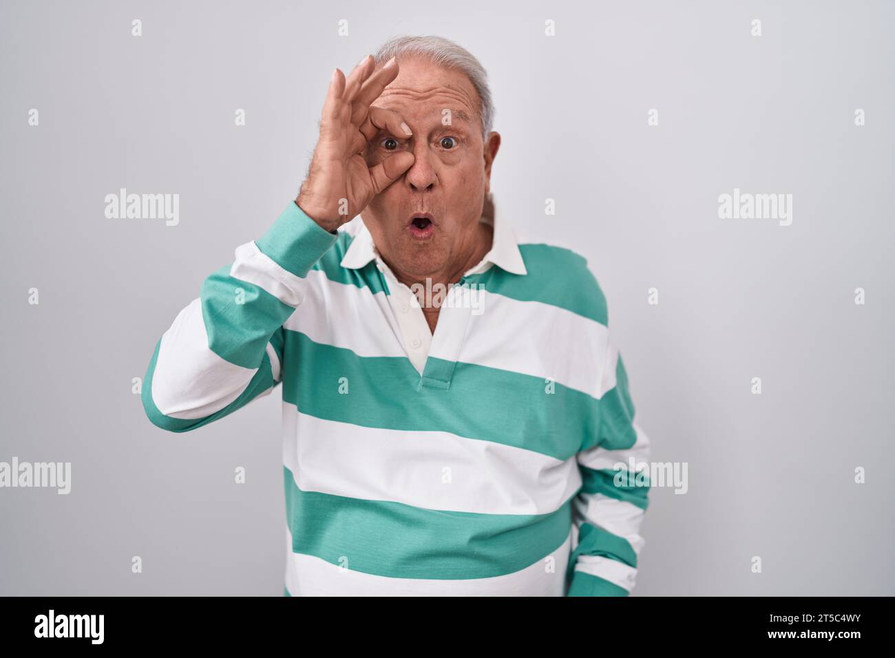 Senior man with grey hair standing over white background doing ok ...