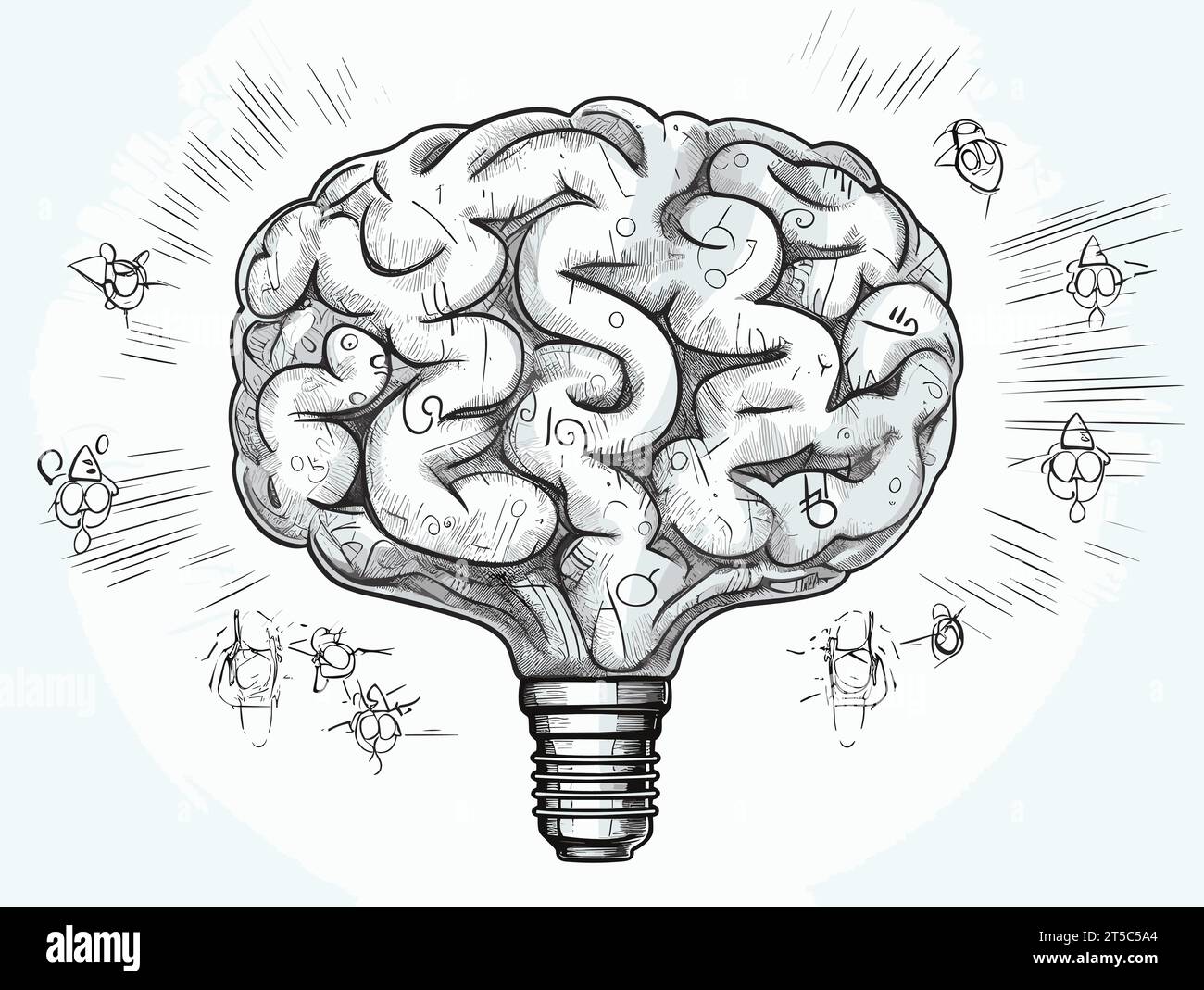 Drawing of Creative bulb with brain brain with clouds with gears ...