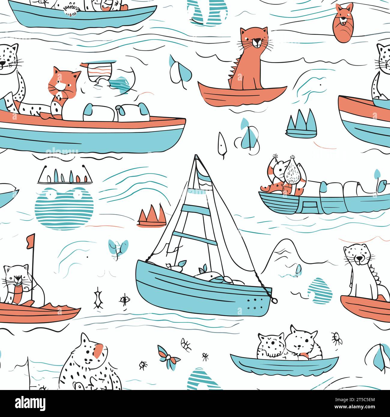 Drawing of Cute animals in boats kids sea pattern design illustration ...