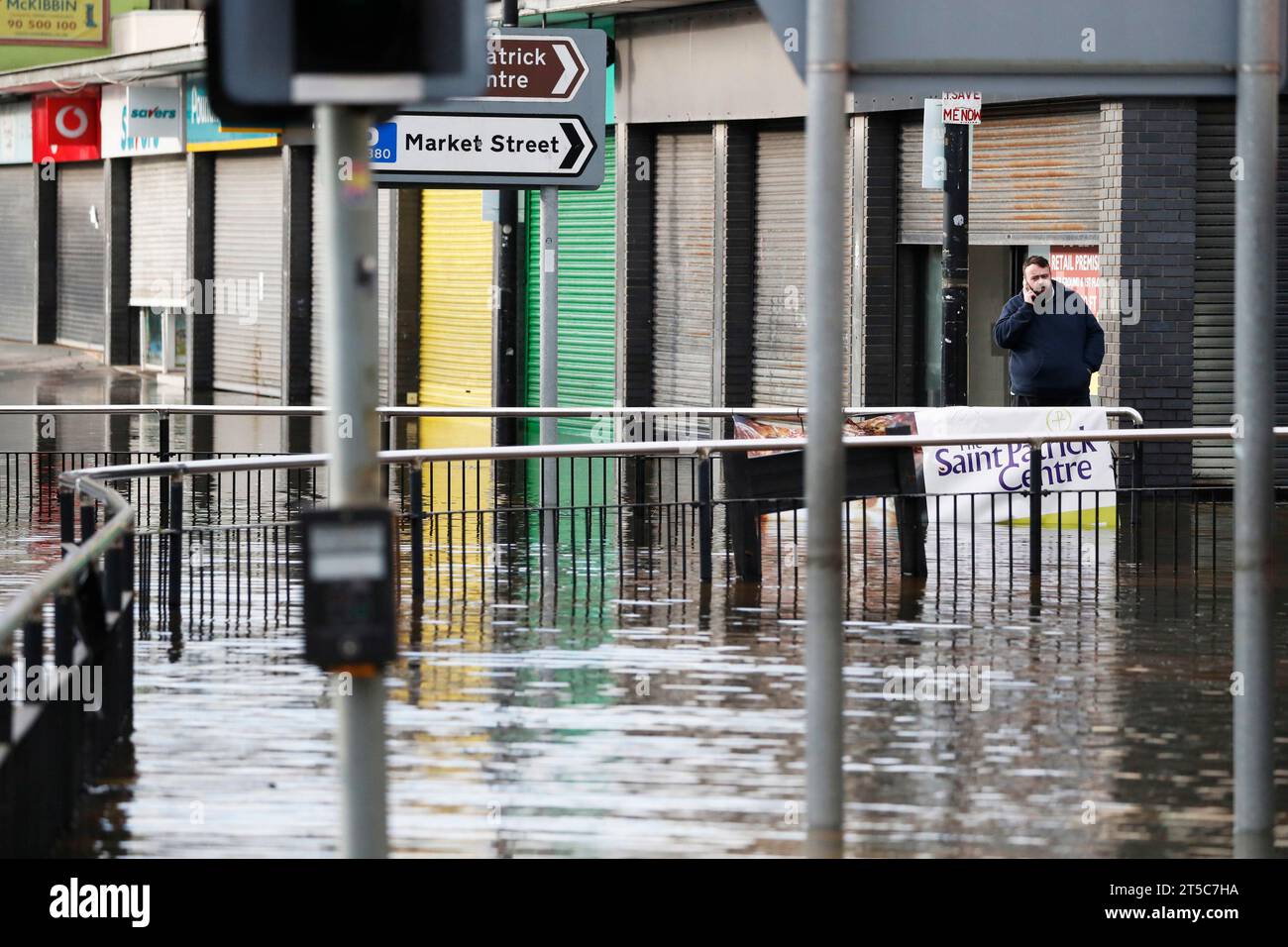 Flooded shops in the town centre after flooding in Downpatrick. Picture ...