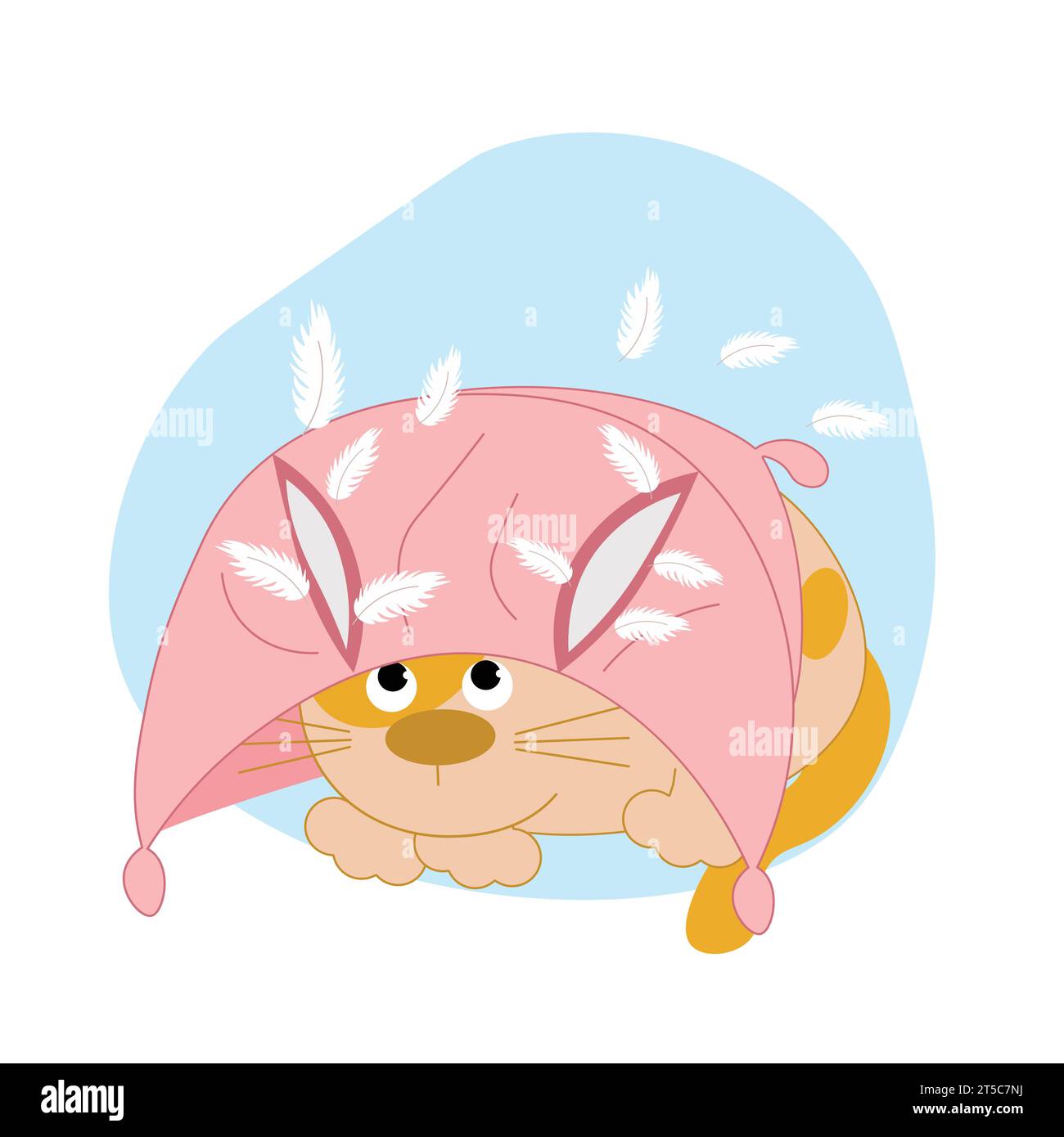 Cute cat plays with a pillow and feathers. Damage to home interior by ...