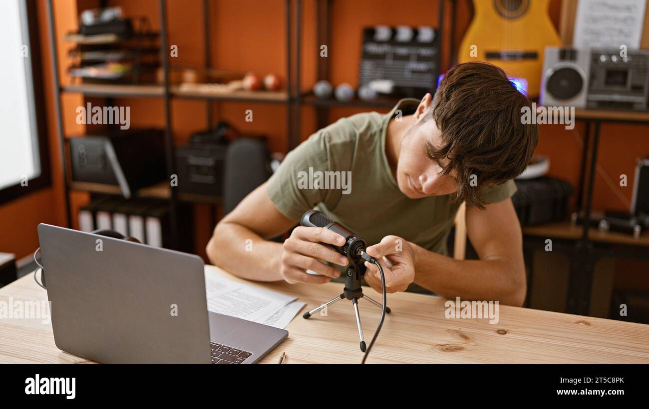 Young handsome hispanic teenage reporter, setting the stage in the ...