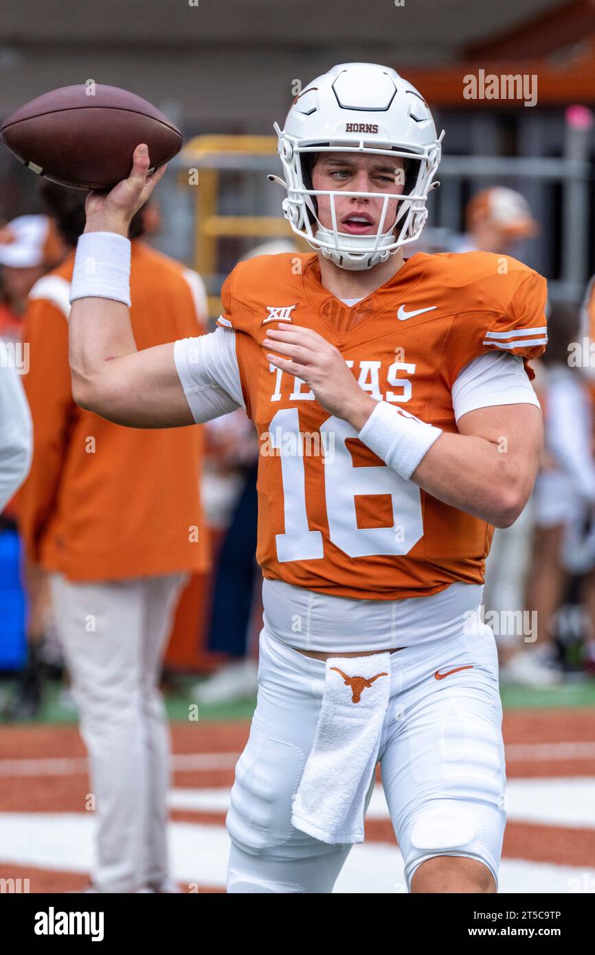 Nov 4, 2023. Arch Manning #16 of the Texas Longhorns in action pregame ...