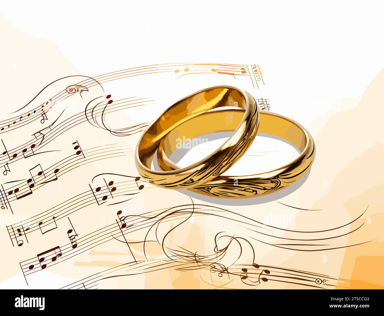 Drawing of Gold wedding rings over antique music sheet illustration ...