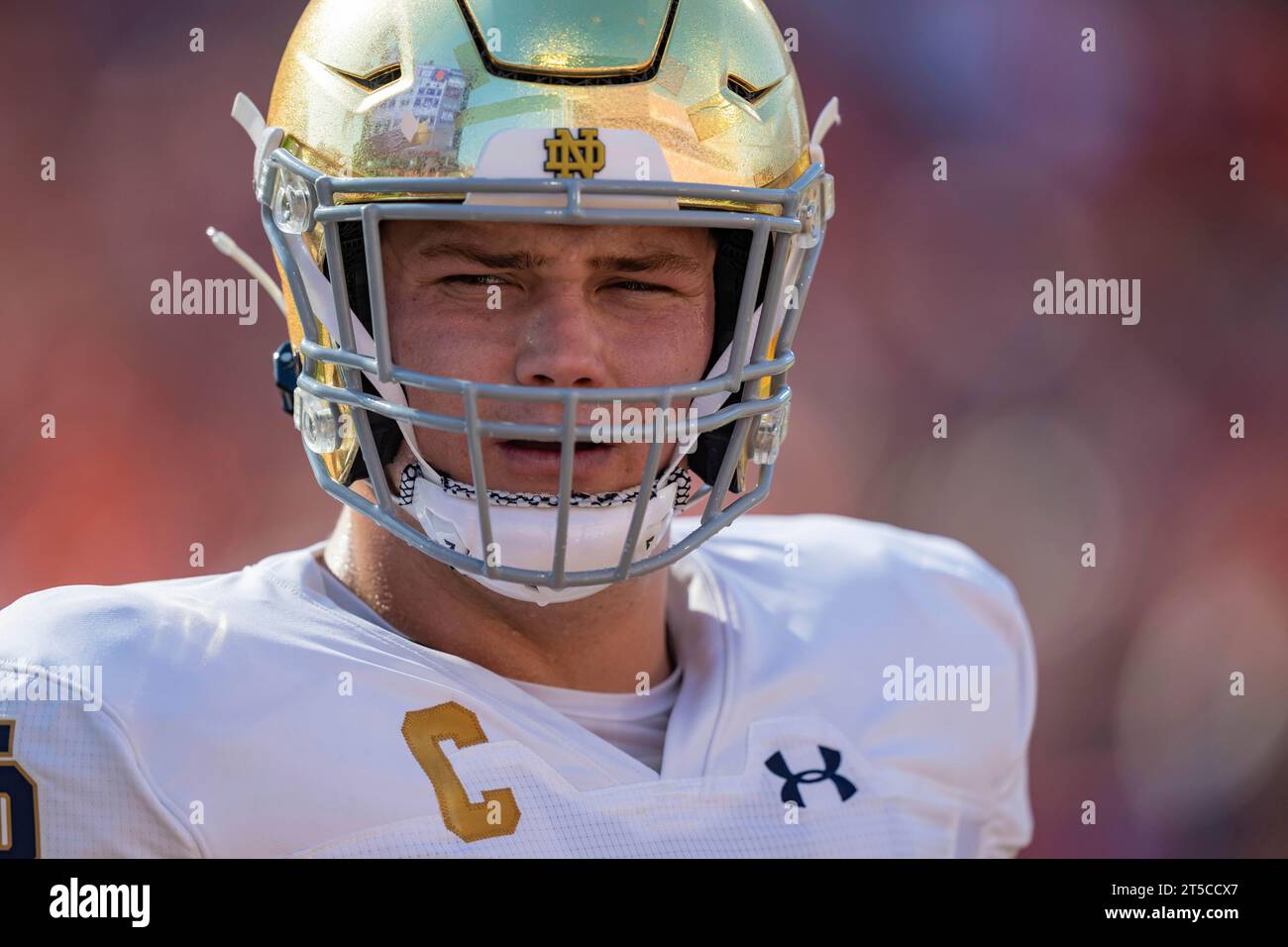 Notre Dame offensive lineman Joe Alt looks on before an NCAA college ...