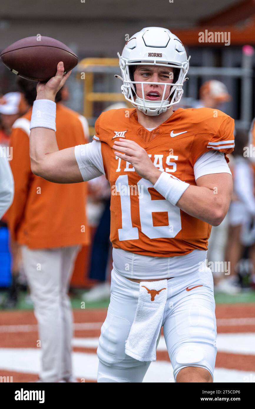 Nov 4, 2023. Arch Manning #16 of the Texas Longhorns in action pregame ...
