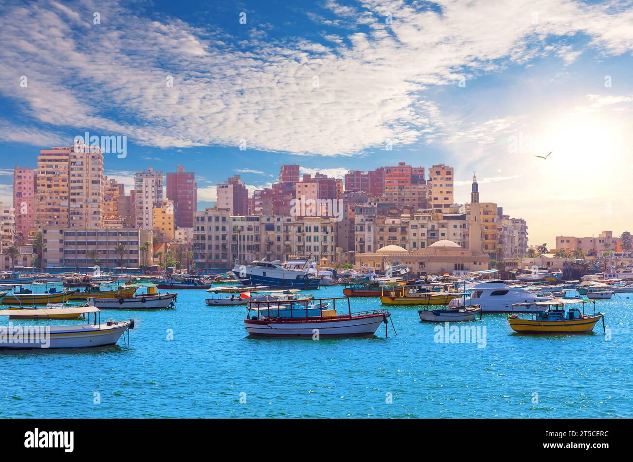 Seashore view of Alexandria, Manar A-Islam Mosque and traditional live ...
