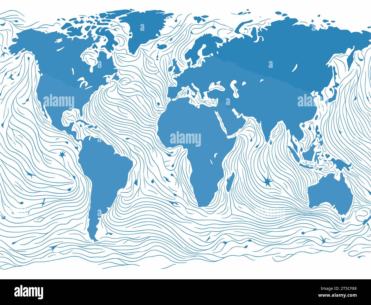 Drawing of Map of the world with oceans and seas illustration separated ...