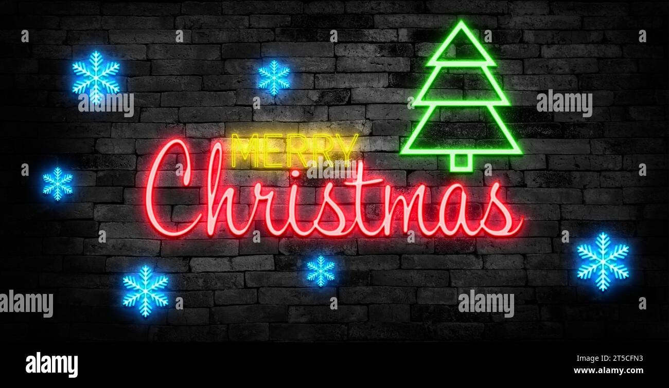 Merry Christmas shiny neon lamps sign glow on black brick wall ...