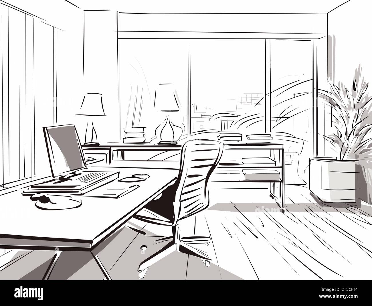 Drawing of Office room.Vector interior for work with table illustration ...