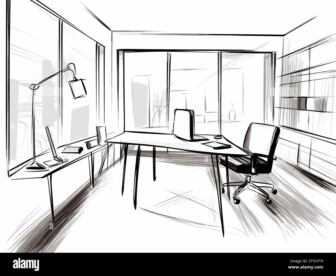 Drawing of Office room.Vector interior for work with table illustration ...