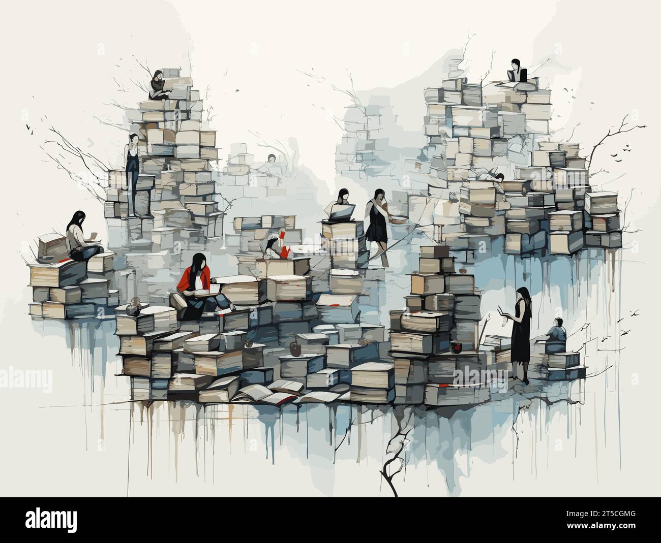 Drawing of People with books illustration separated, sweeping overdrawn ...