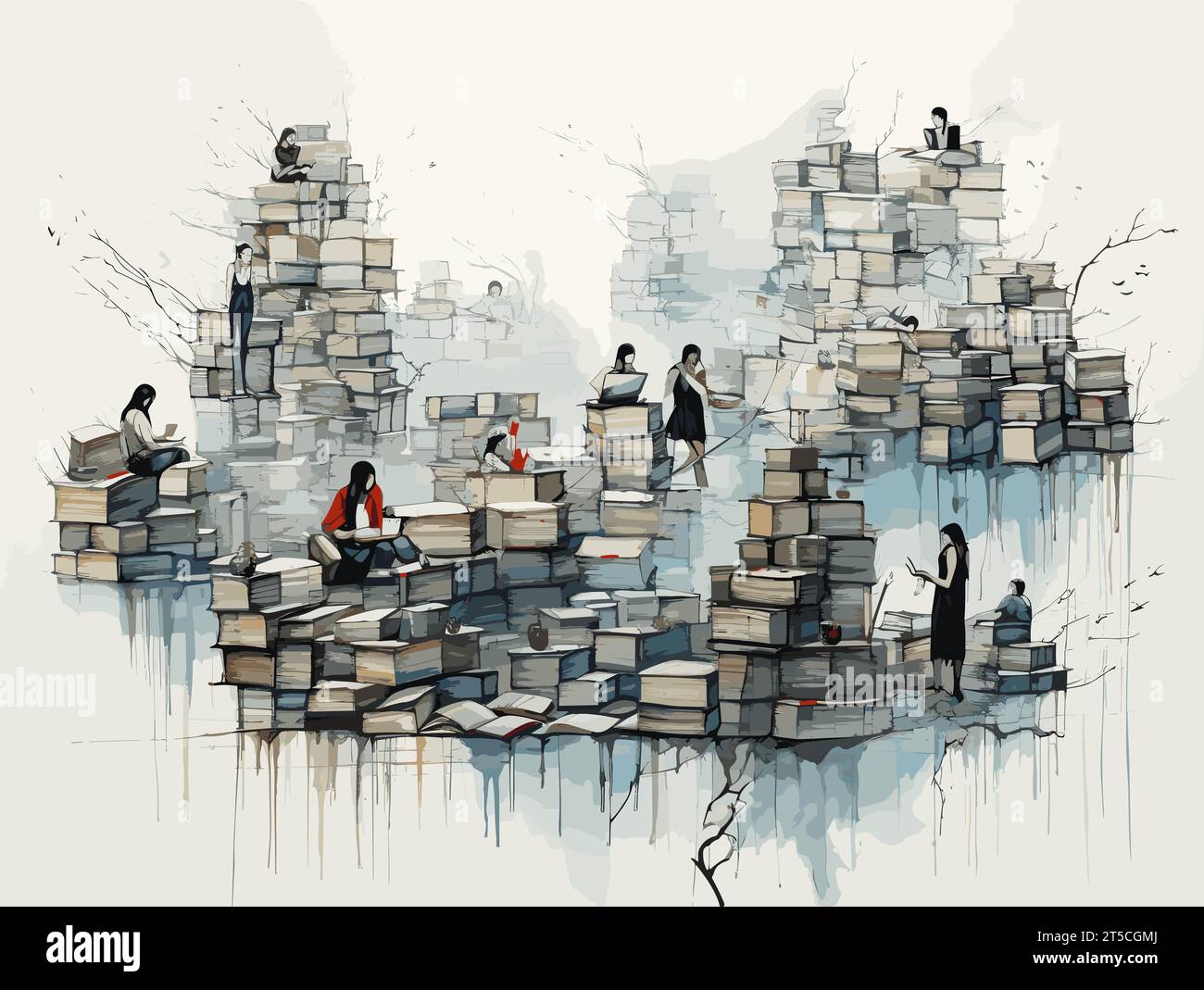 Drawing of People with books illustration separated, sweeping overdrawn ...