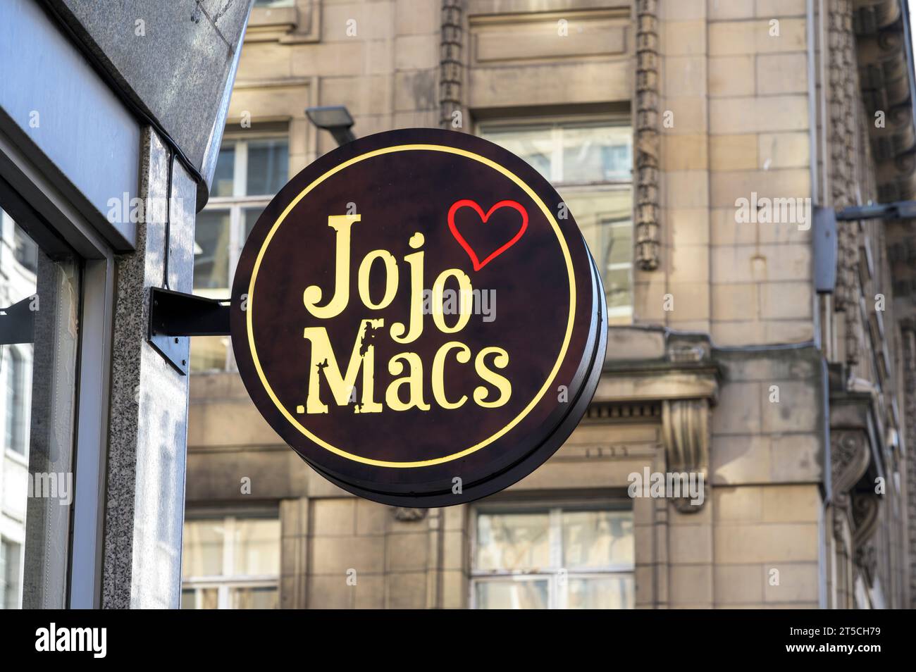 Jojo Macs burger restaurant sign, St Vincent Street, Glasgow, Scotland ...