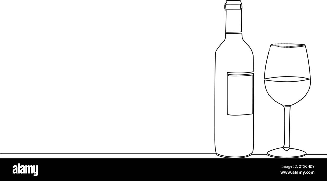 continuous single line drawing of bottle of wine and wine glass, line art vector illustration ...