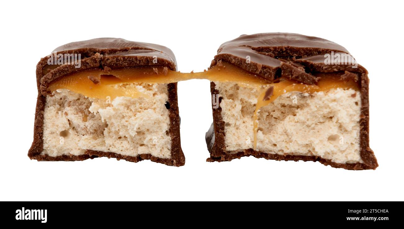Chocolate bar with nougat on a white background. The candy bar is ...