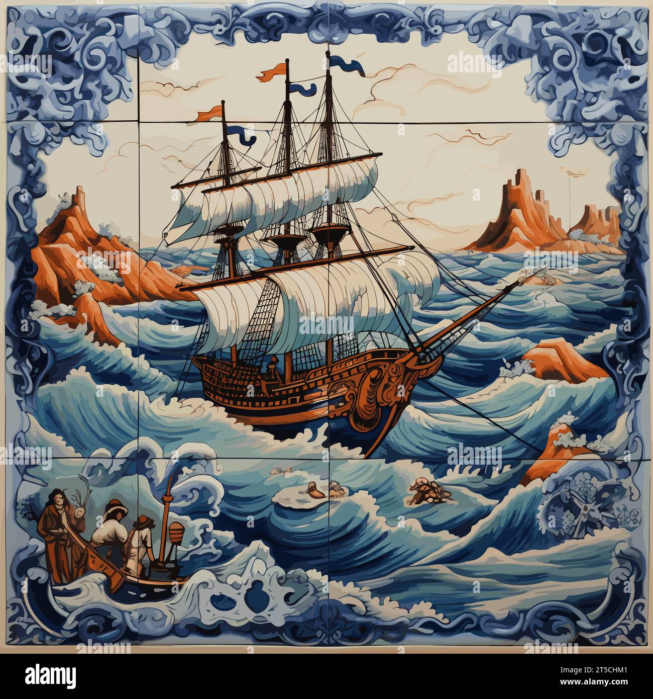 Drawing of Portuguese azulejo ceramic tile illustration separated ...