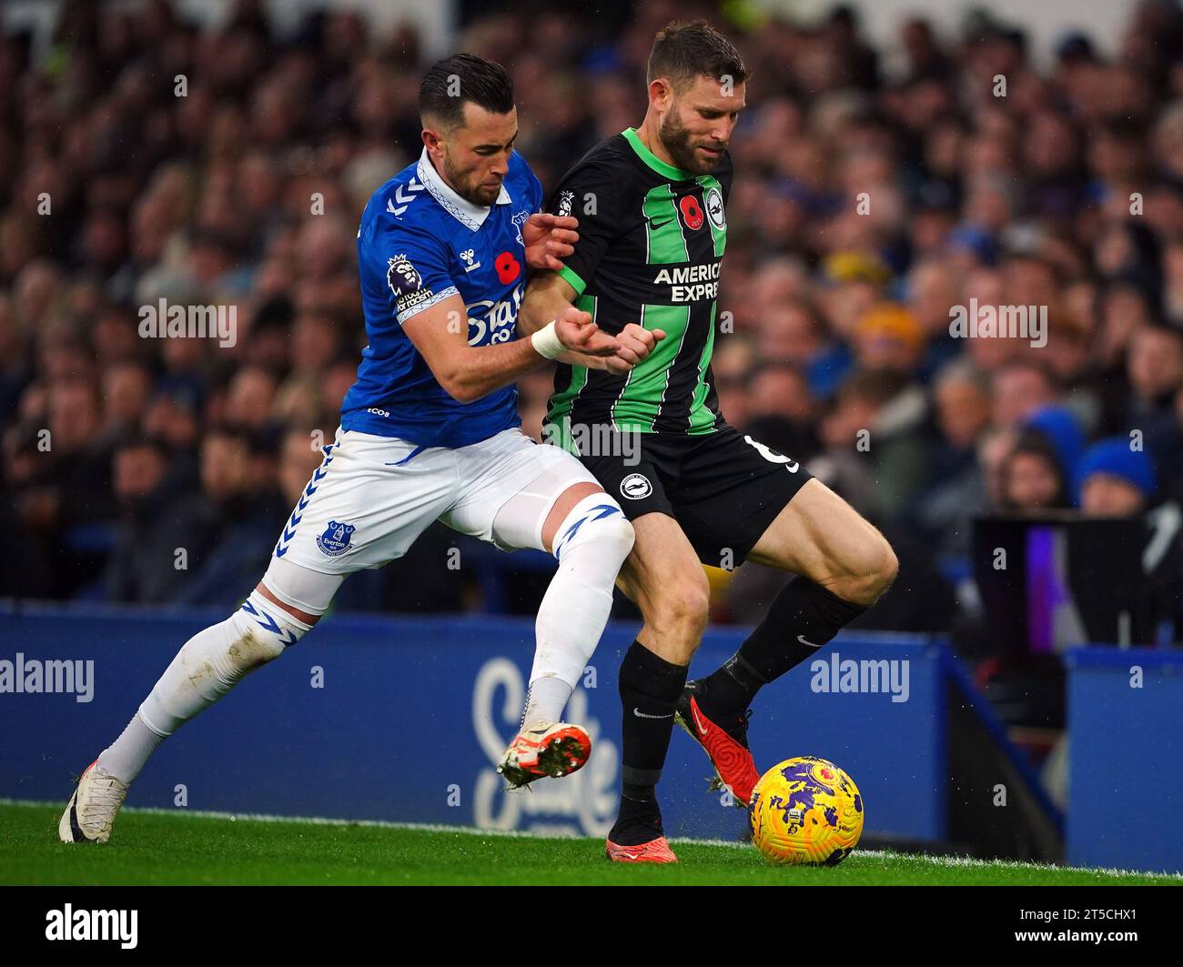 Everton's Jack Harrison (left) and Brighton and Hove Albion's James ...