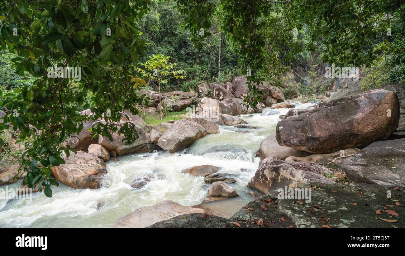 Jungle waterfall with rapid waters and large rocks in Vietnam Stock ...