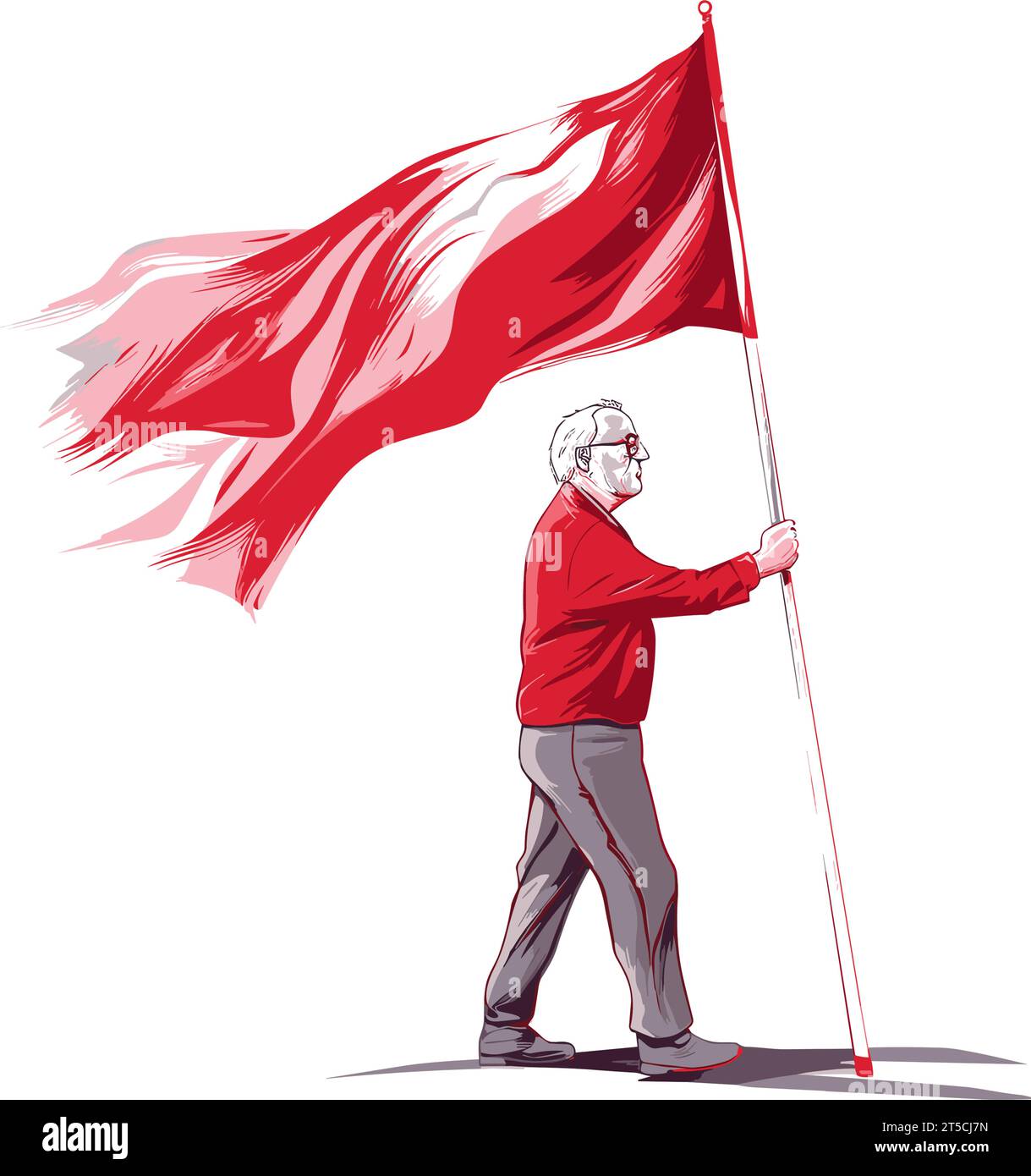 Drawing of senior man waving a red flag illustration separated ...