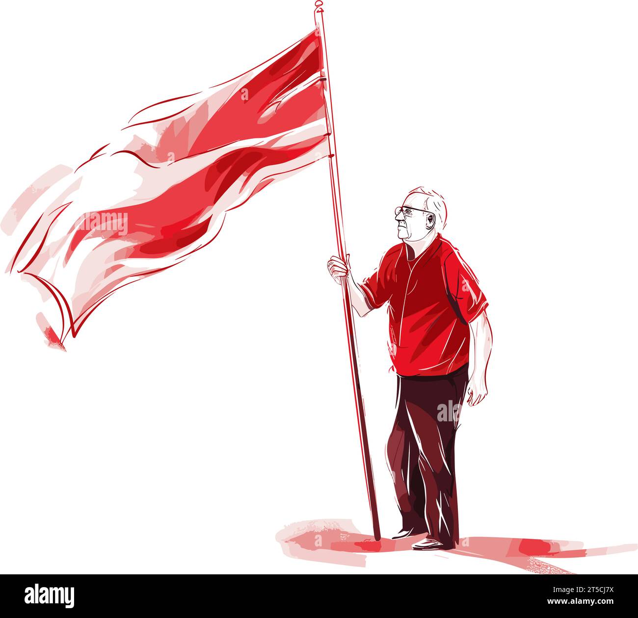Drawing of senior man waving a red flag illustration separated ...
