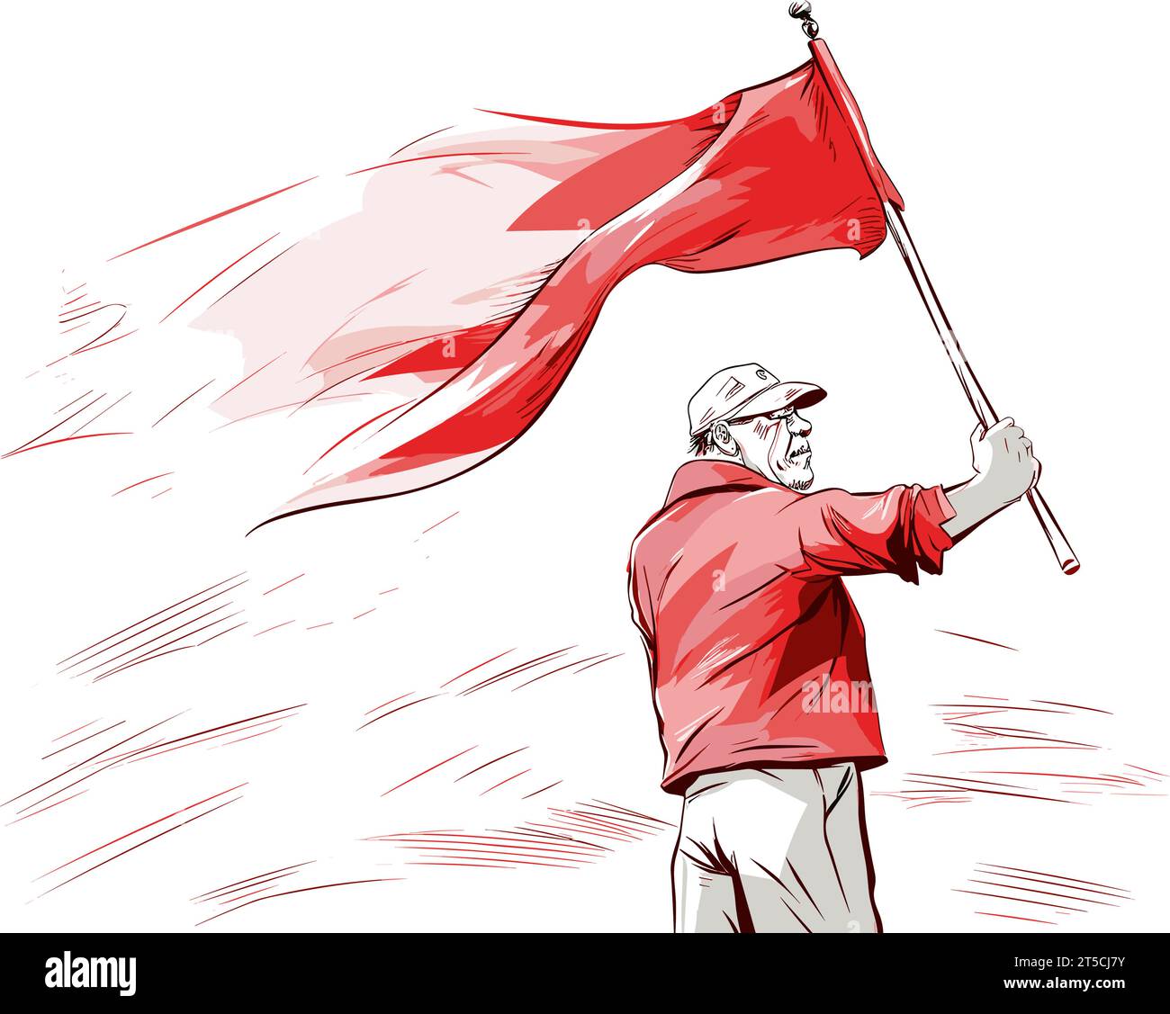 Drawing of senior man waving a red flag illustration separated ...