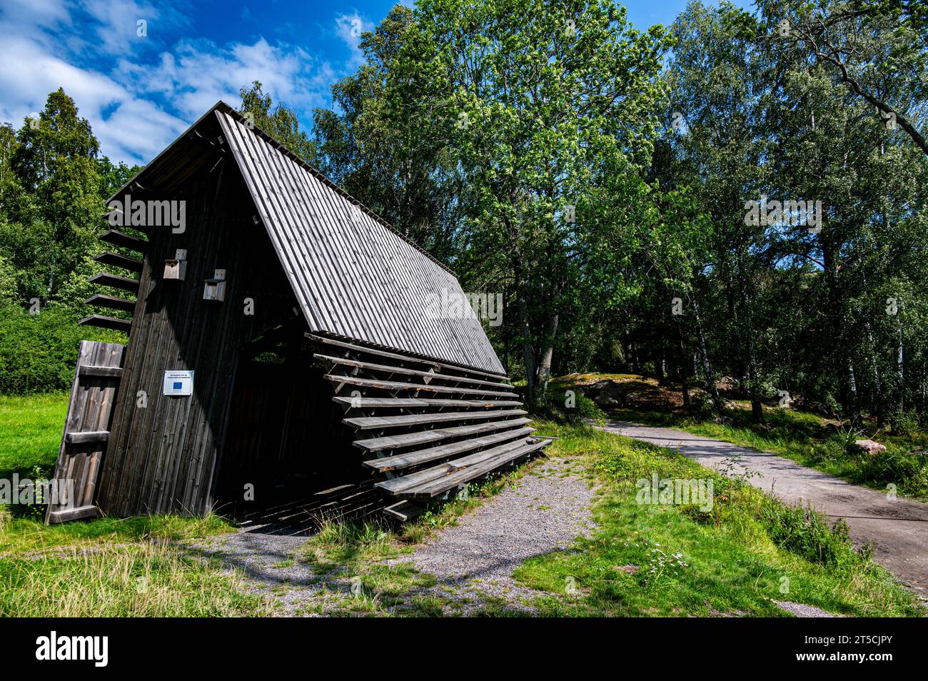 Wooden refuge and walking path in south Grinda, in the Stockholm ...
