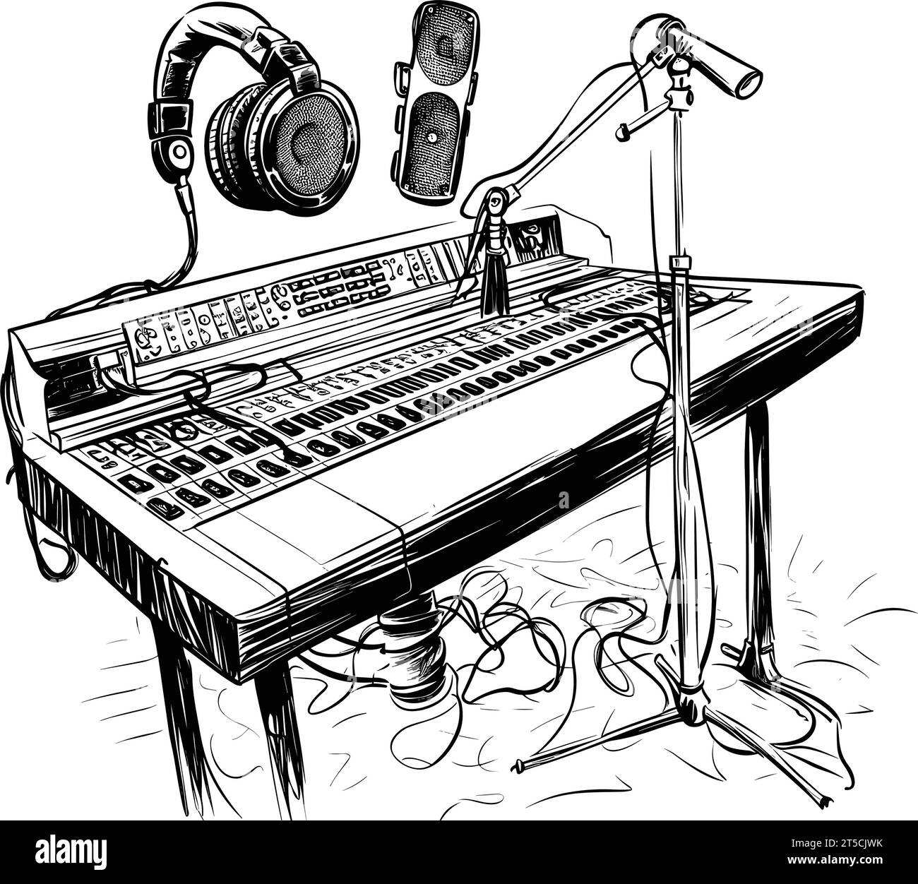 Drawing of Studio microphone and mixing console illustration separated ...