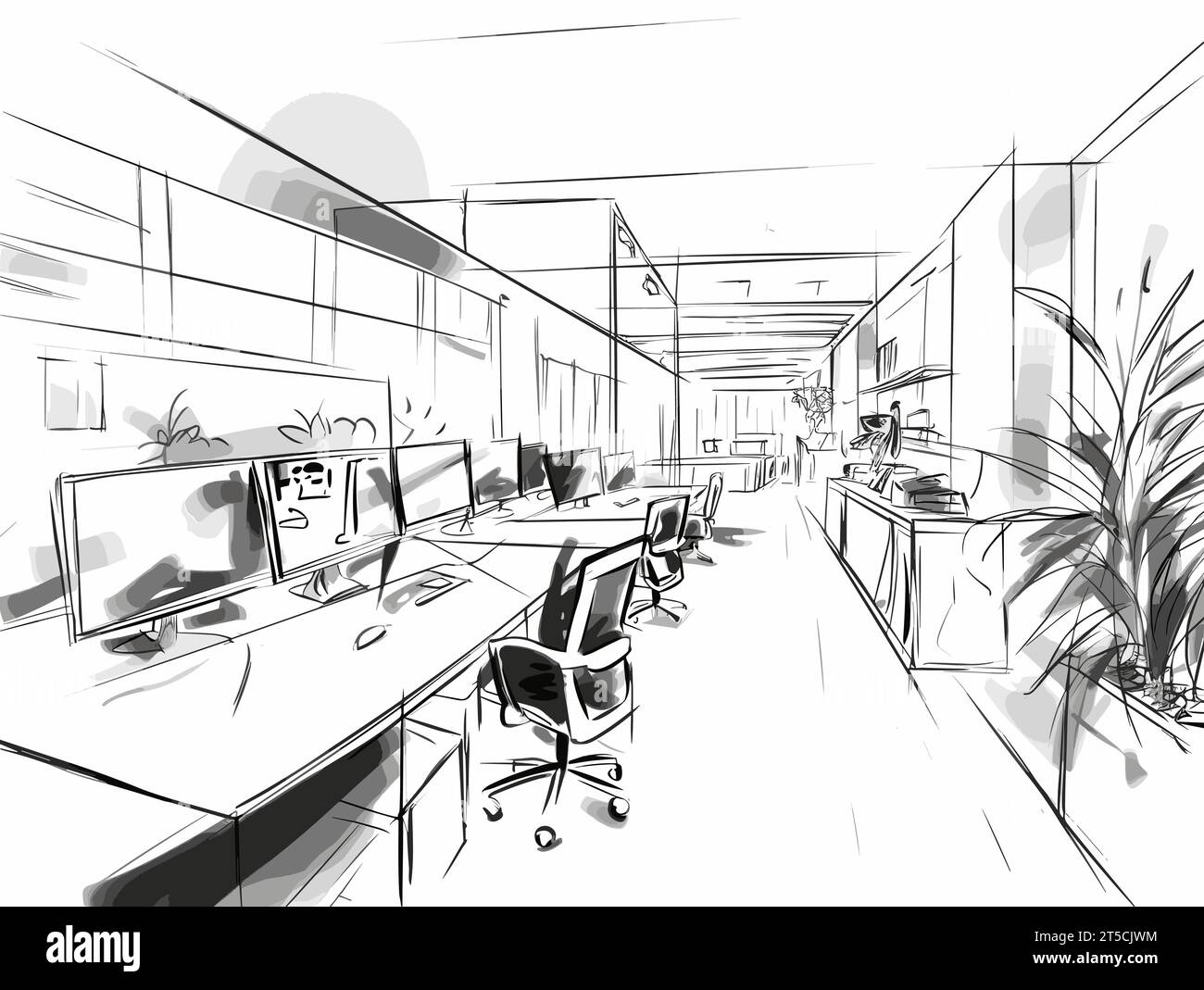 Drawing of stylish workspace interior for team collaboration ...