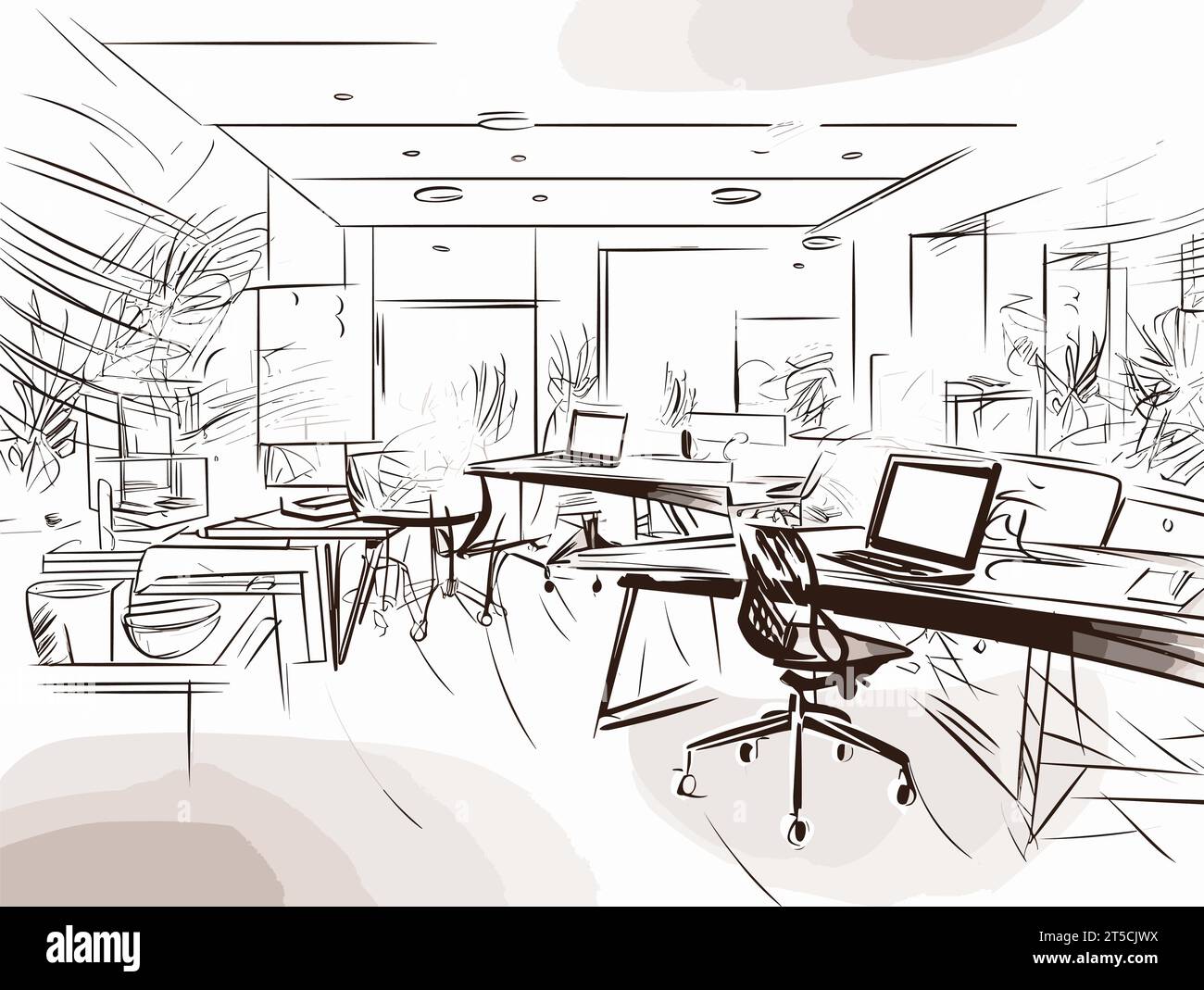 Drawing of stylish workspace interior for team collaboration ...