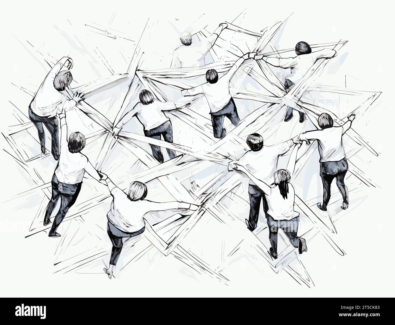 Drawing of team members working together top view illustration ...