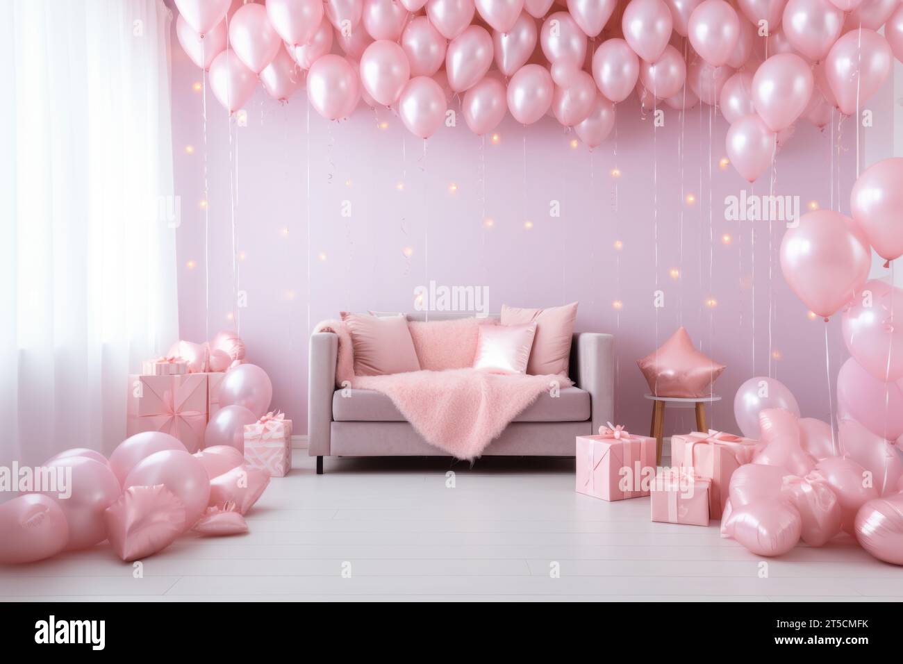 Romantic pink room with balloons, hearts, and gift box for special ...