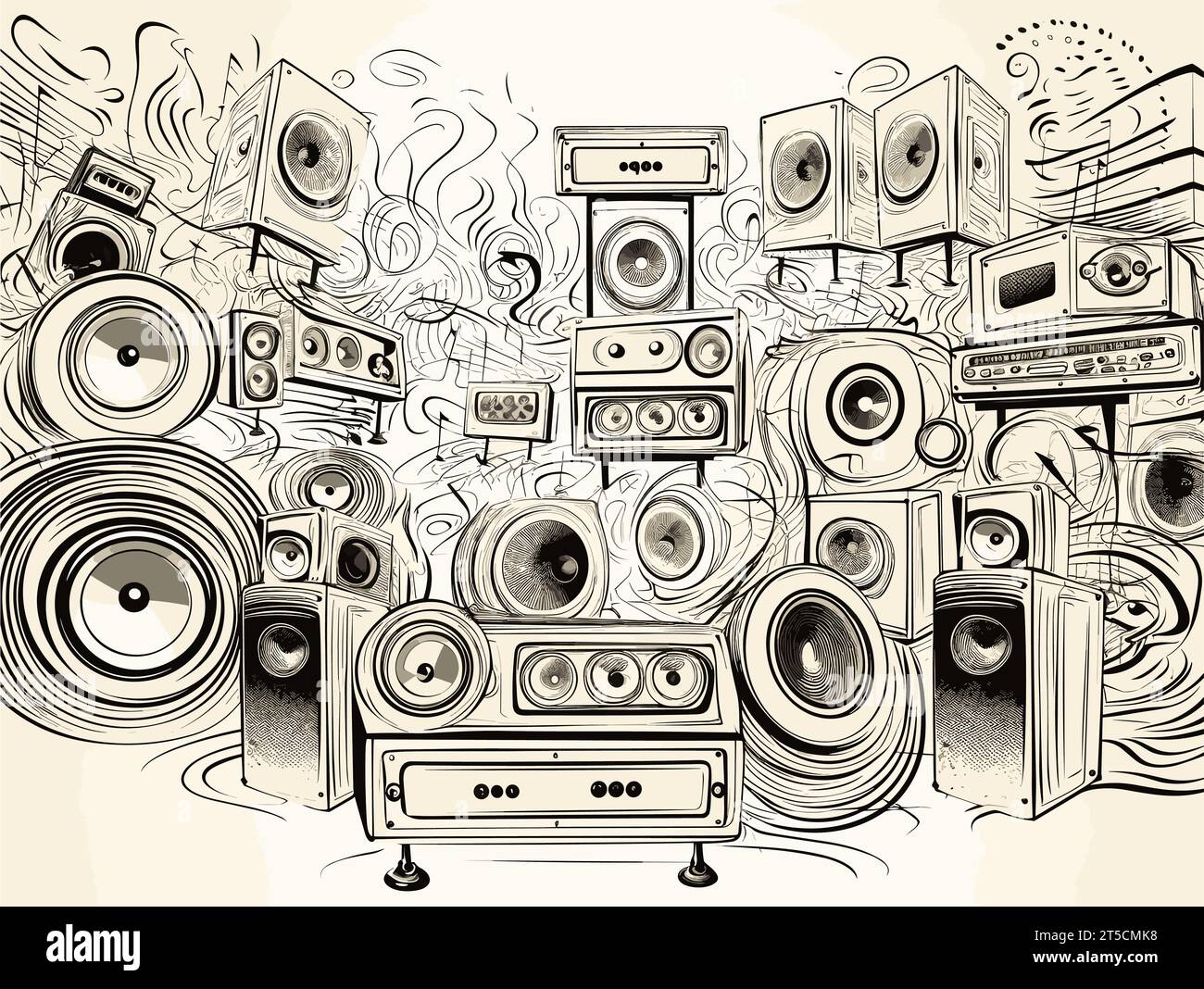 Drawing of Wall of retro vintage style Music sound speakers ...