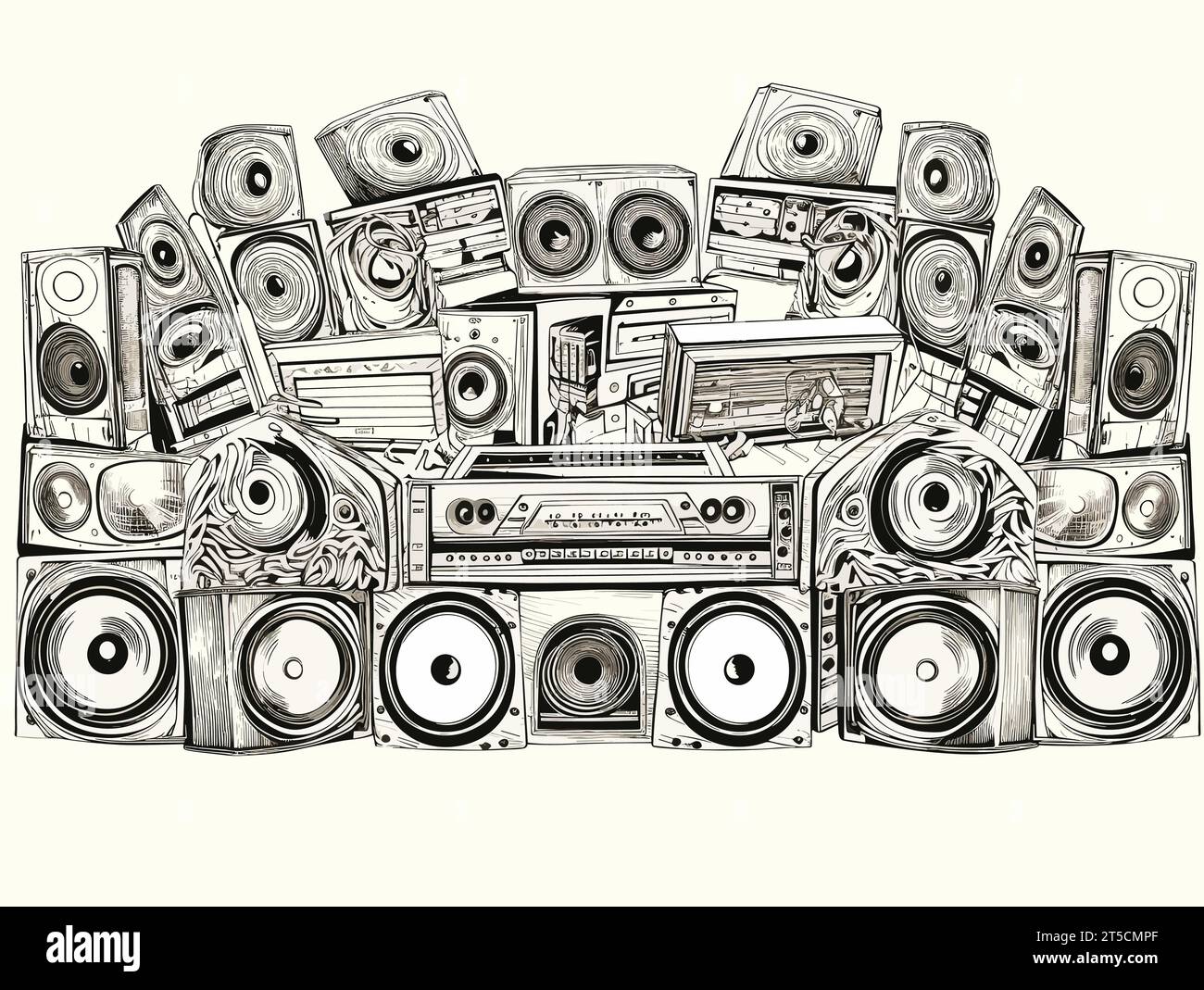 Drawing of Wall of retro vintage style Music sound speakers ...