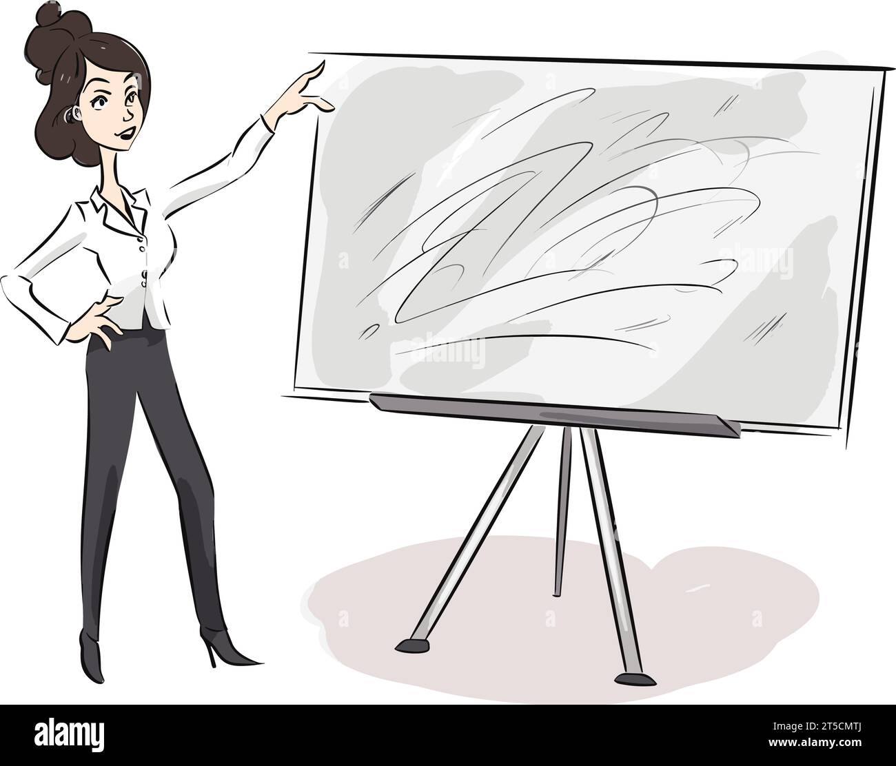 Drawing of Woman presenter with blank presentation whiteboard ...