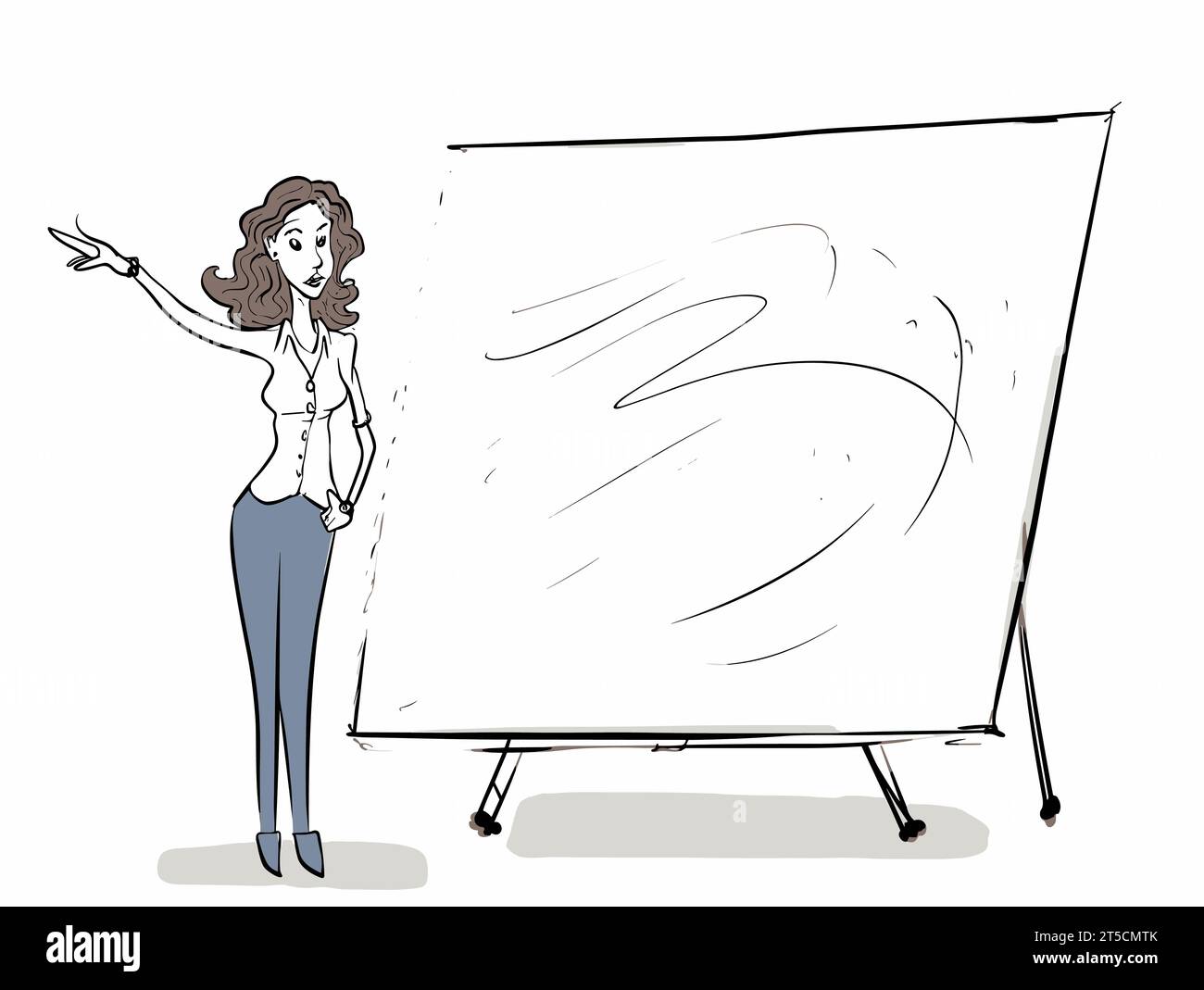 Drawing of Woman presenter with blank presentation whiteboard ...