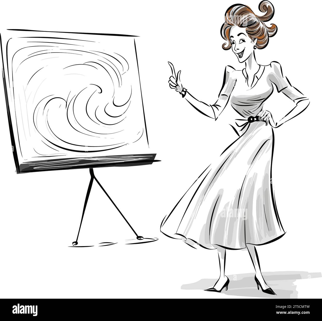 Drawing of Woman presenter with blank presentation whiteboard ...