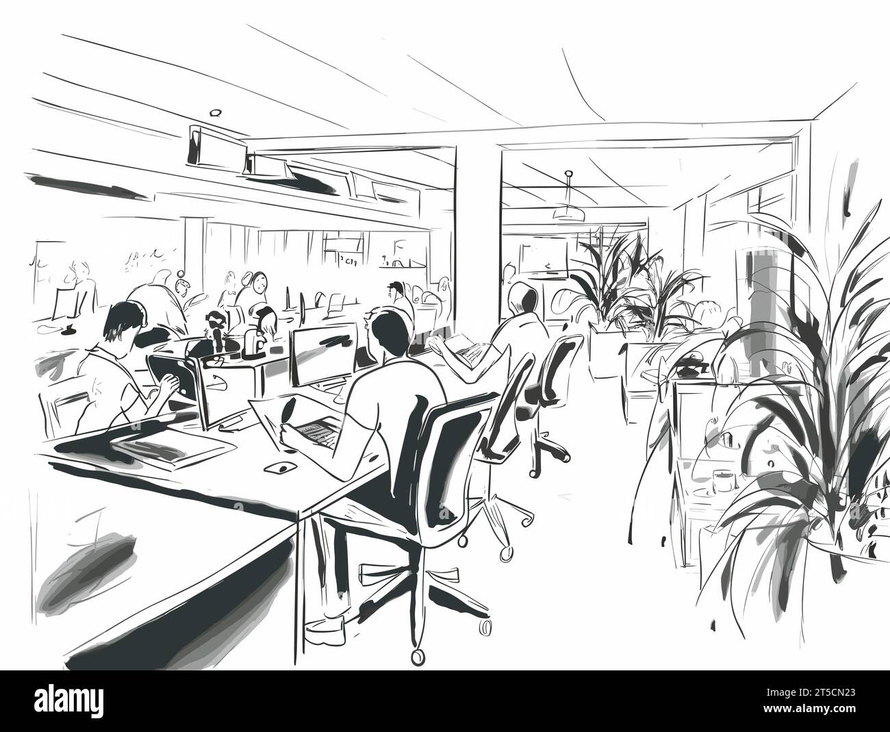 Drawing of working at coworking space illustration separated, sweeping ...