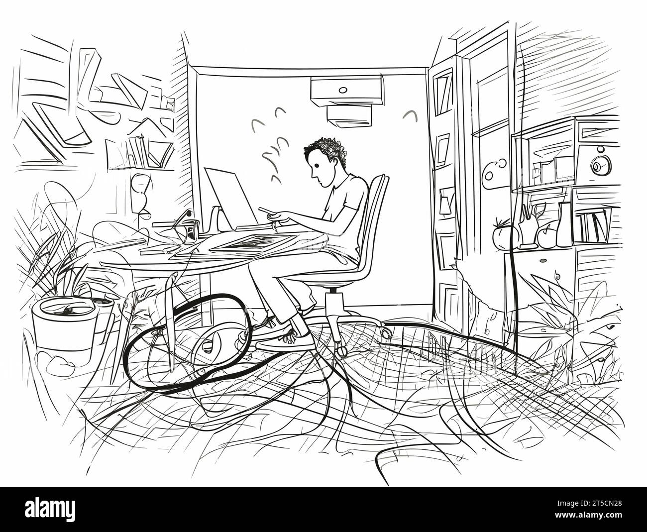 Drawing of working at home illustration separated, sweeping overdrawn ...