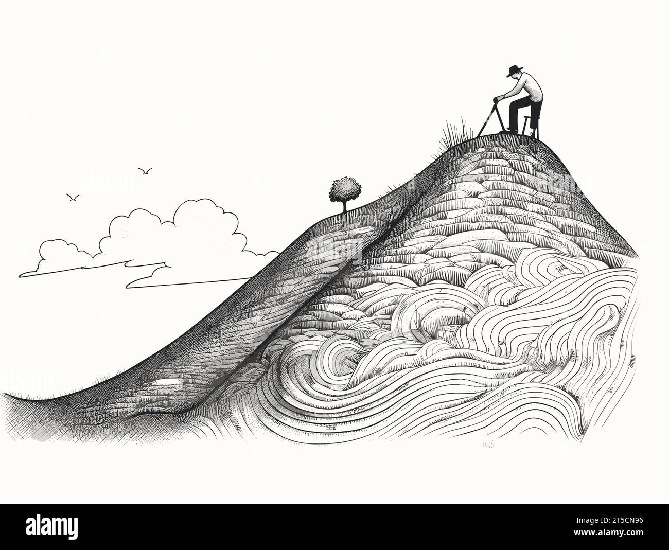 Drawing of working at top of the hill illustration separated, sweeping ...