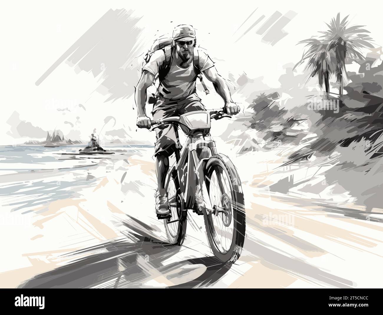Drawing of Young man doing wheelie with bicycle in beach illustration ...