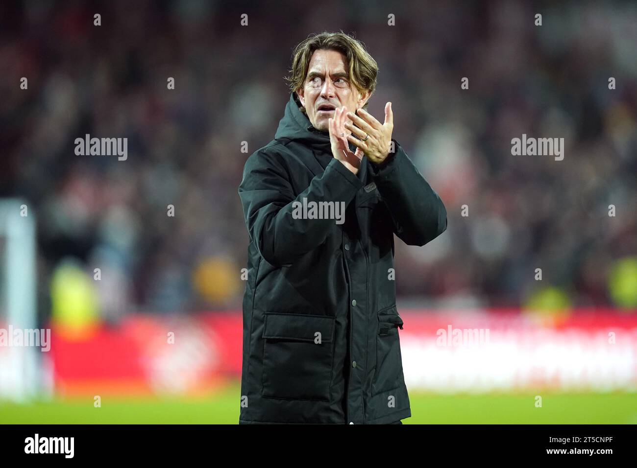 Brentford manager Thomas Frank applauds the fans after the final ...