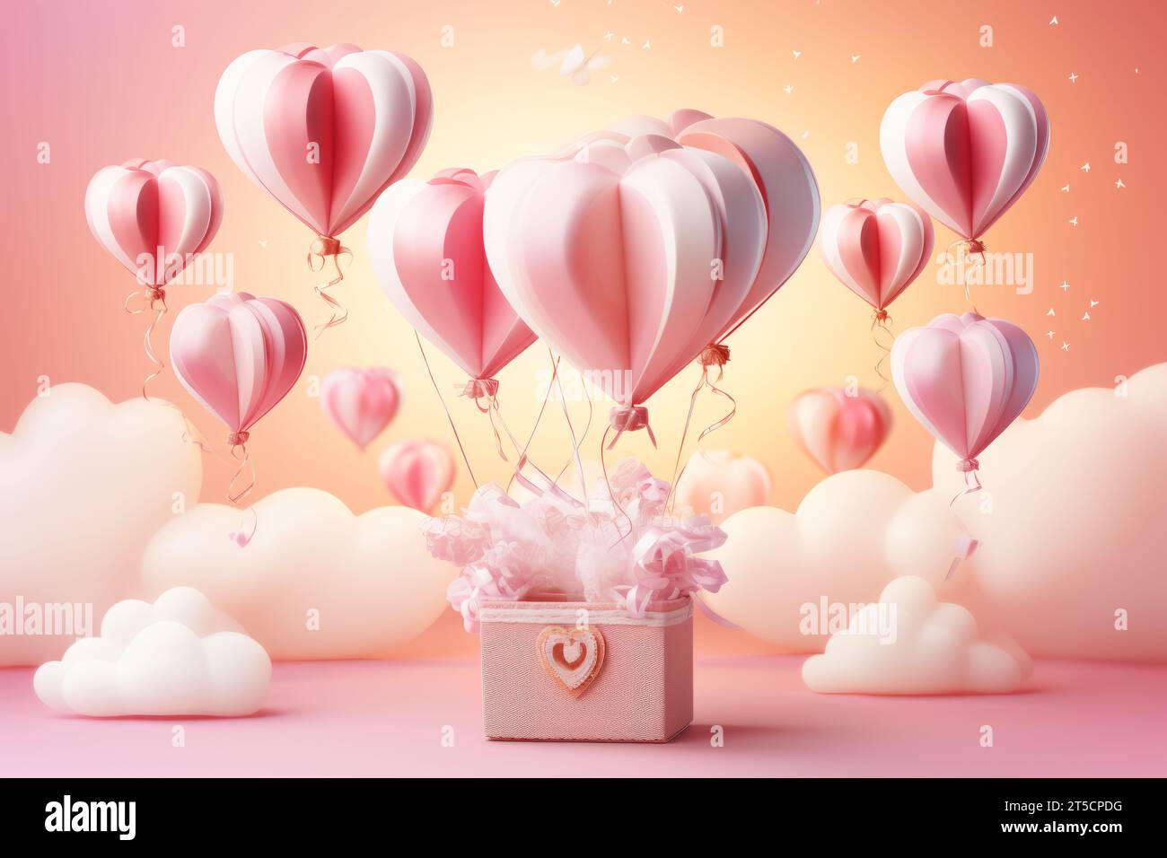 Joyful birth of baby boy heart balloons and gift boxes on pink ...