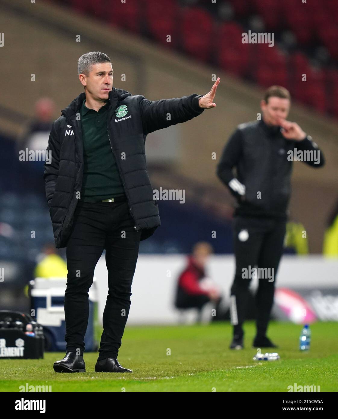 Hibernian manager Nick Montgomery gestures on the touchline during the ...