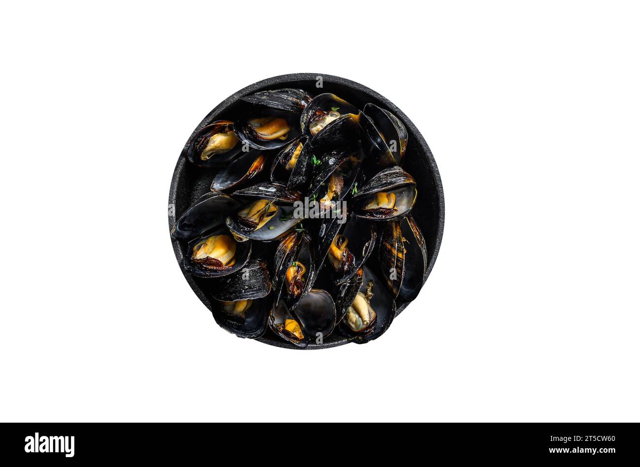 Mussels cooked with white wine sauce in a pan with herbs. Isolated on ...