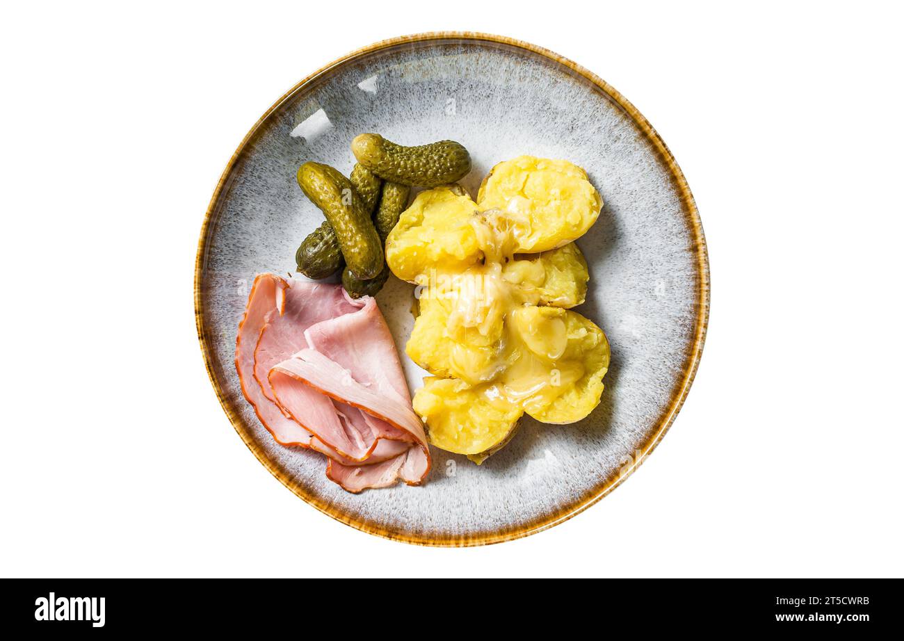 Melted Raclette Swiss cheese with boiled potato and ham. Isolated on ...