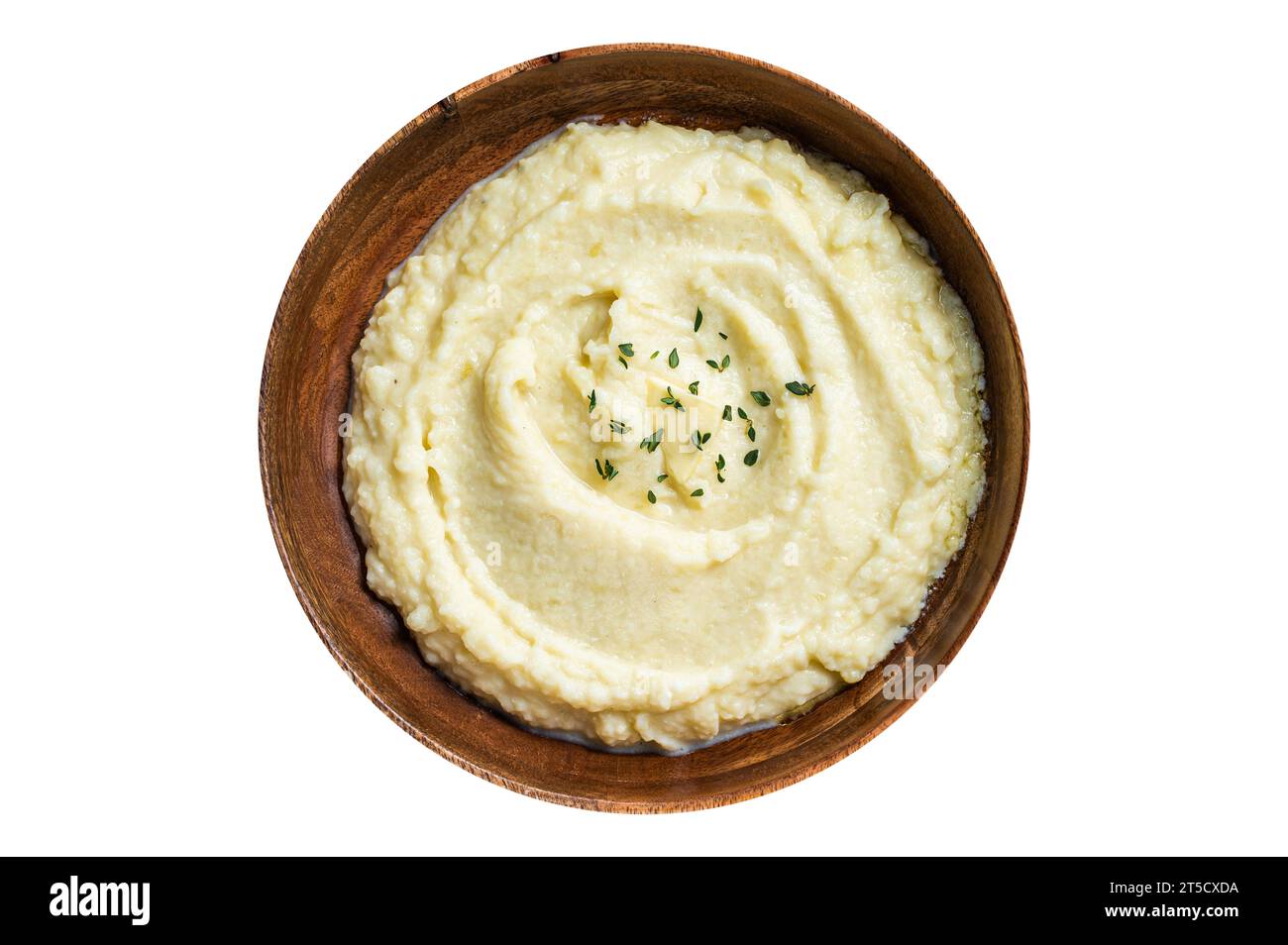 Mashed potatoes, boiled puree in a wooden plate. Isolated on white ...
