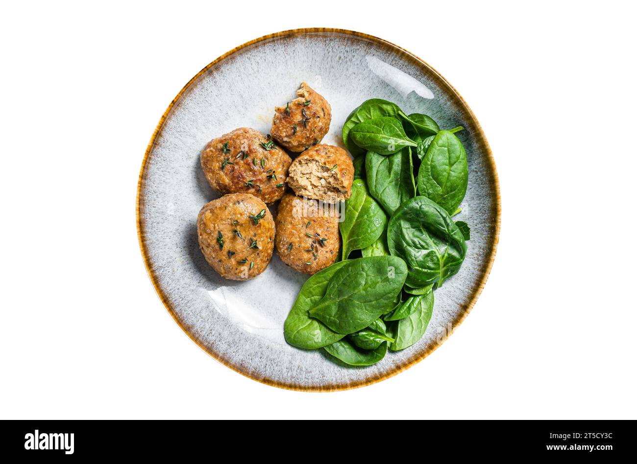 Fish Cakes or Fish balls with tuna and spinach in a plate. Isolated on ...