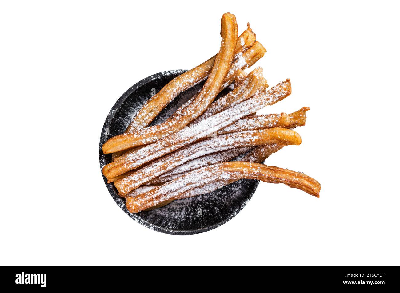Traditional Mexican dessert churros with sugar powder in a pan ...