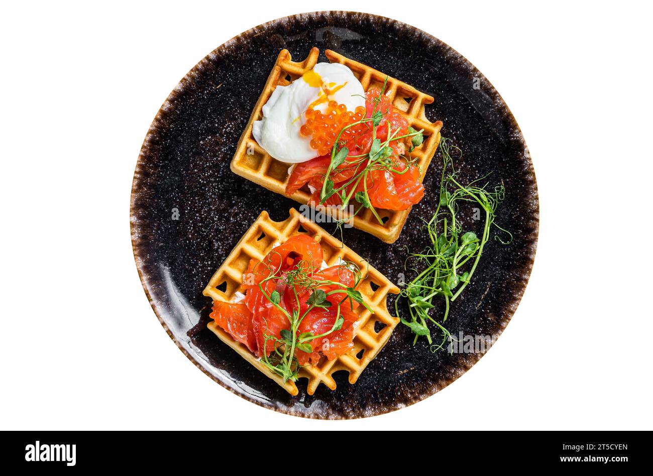Belgian waffle with cream cheese, salmon slices, egg and red caviar ...